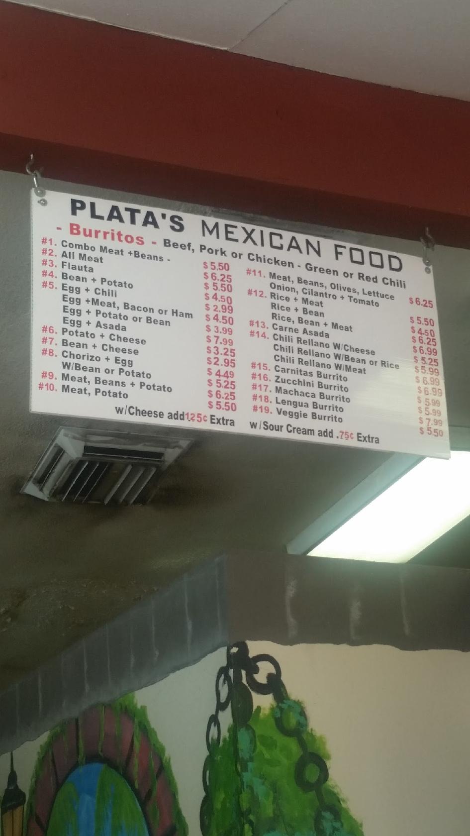 Menu at Plata's Mexican Food restaurant, Barstow, 1521 Main St