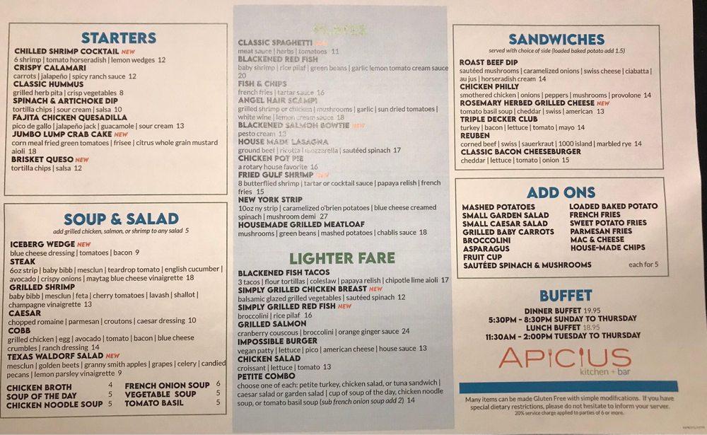 Menu at Apicius Open Kitchen restaurant, Houston