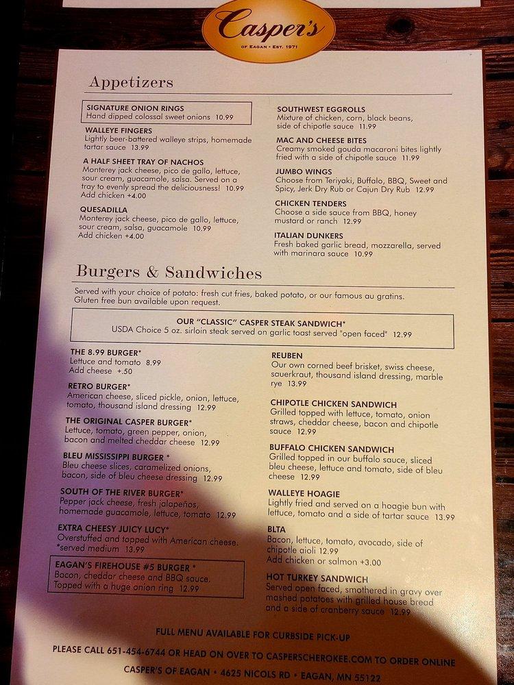 Menu at Casper's Cherokee of Eagan pub & bar, Eagan