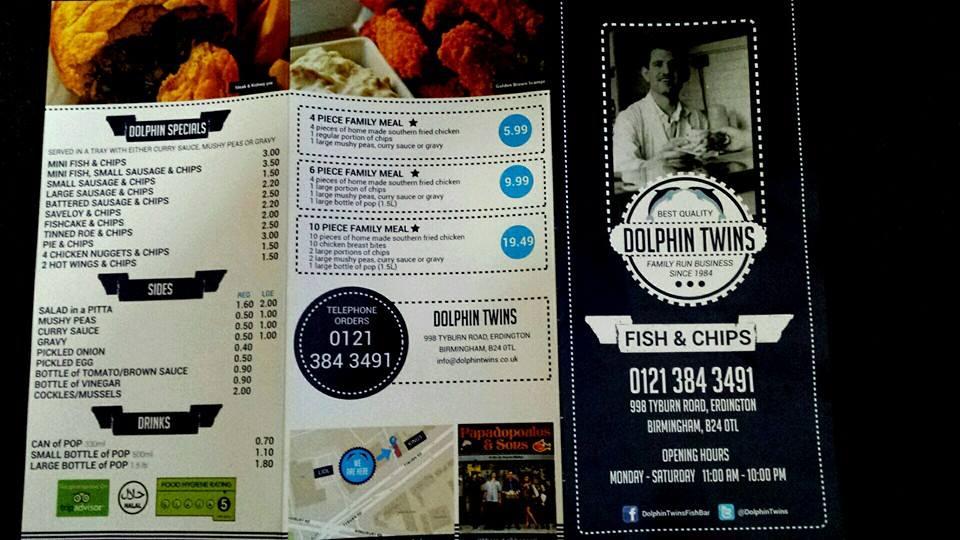 Menu at Dolphin Twins fast food, Birmingham, 998 Tyburn Rd