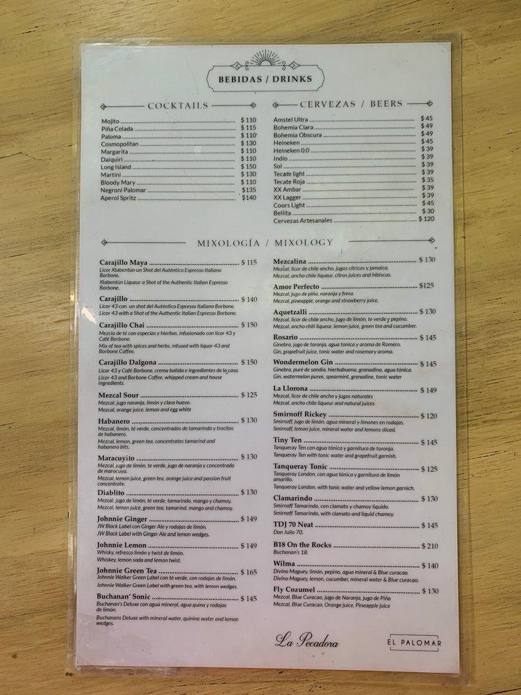 Menu at El Palomar Cozumel pub & bar, San Miguel de Cozumel