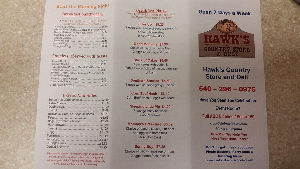 Menu at Hawk's Country Store & Deli restaurant, Moneta