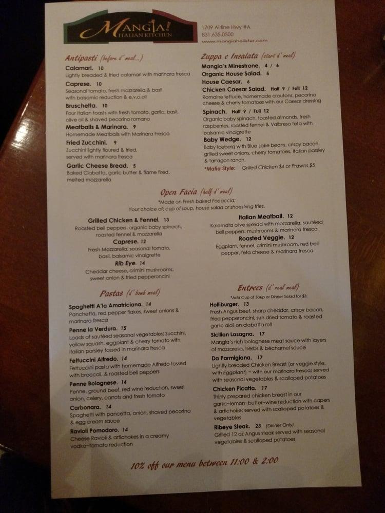Menu at Mangia Italian Kitchen restaurant, Hollister