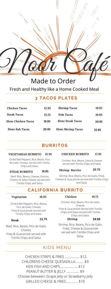 Menu at Noor cafe, Los Angeles