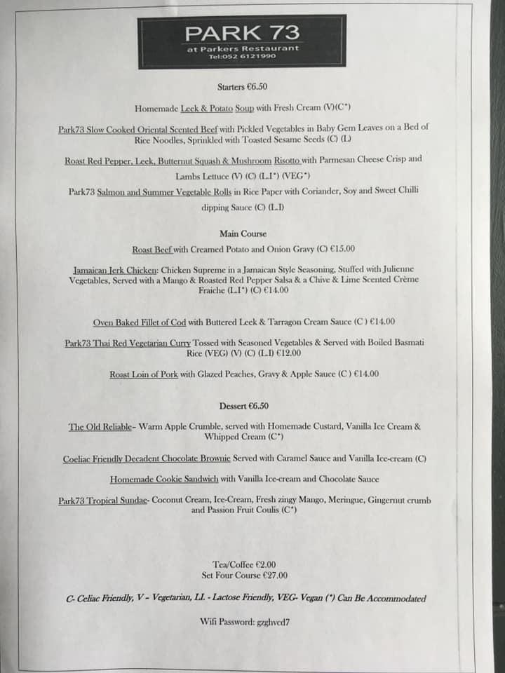 Menu at Park73 at Parkers Of Clonmel restaurant, Clonmel, Thomas St