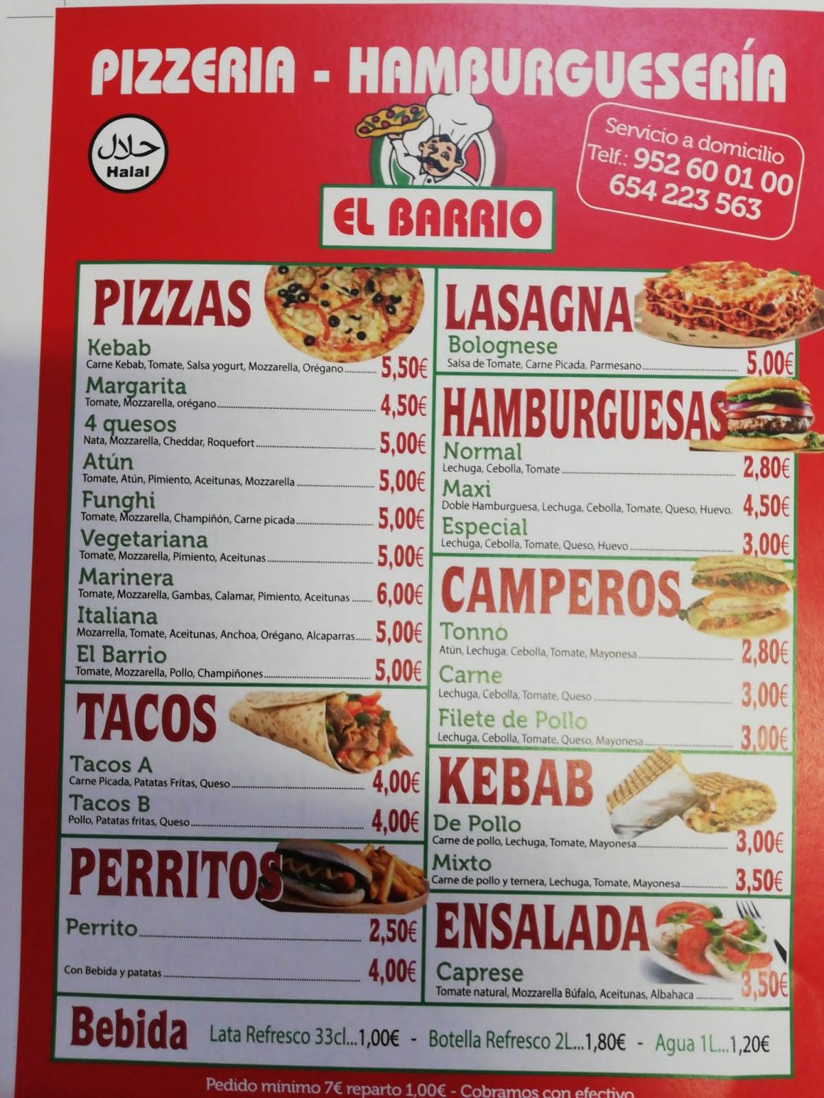 Menu at Pizzería El Barrio, Málaga