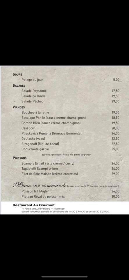 Menu au Restaurant Au Gourmet, Rodange