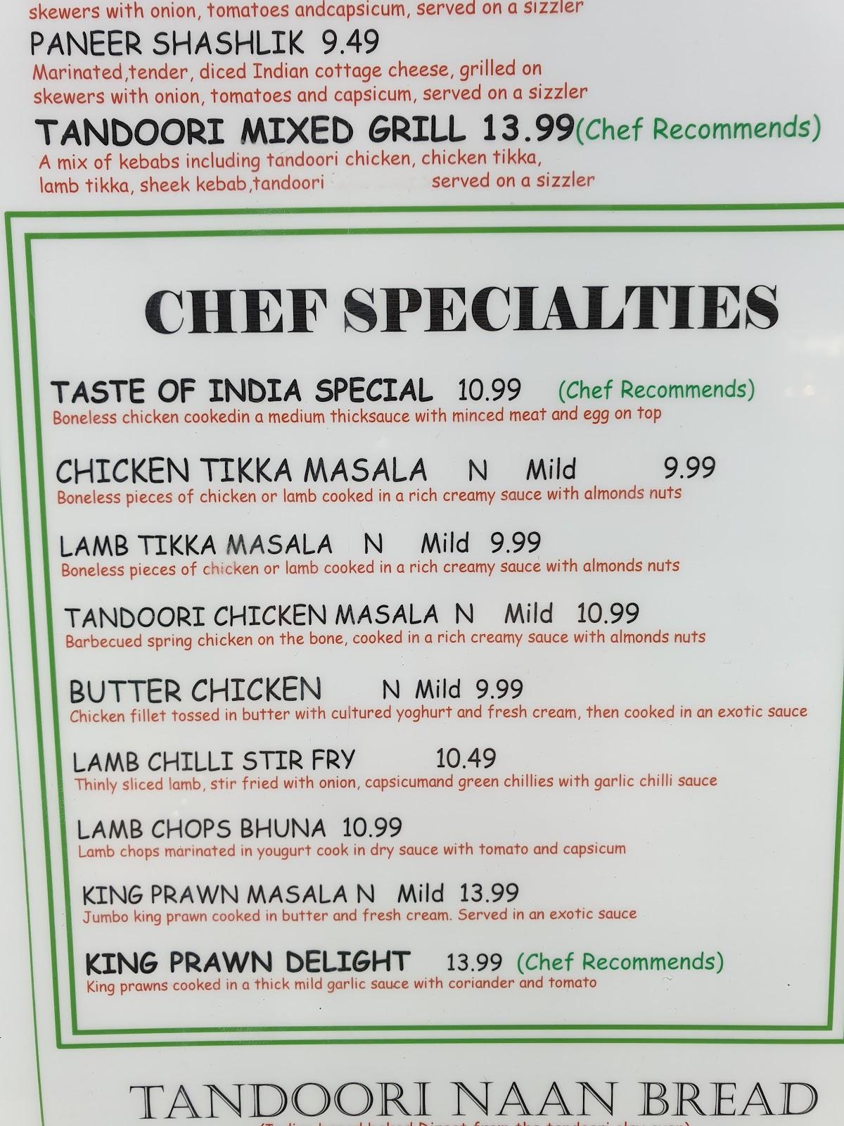 Menu at Taste of India restaurant, London, 51 Queensway