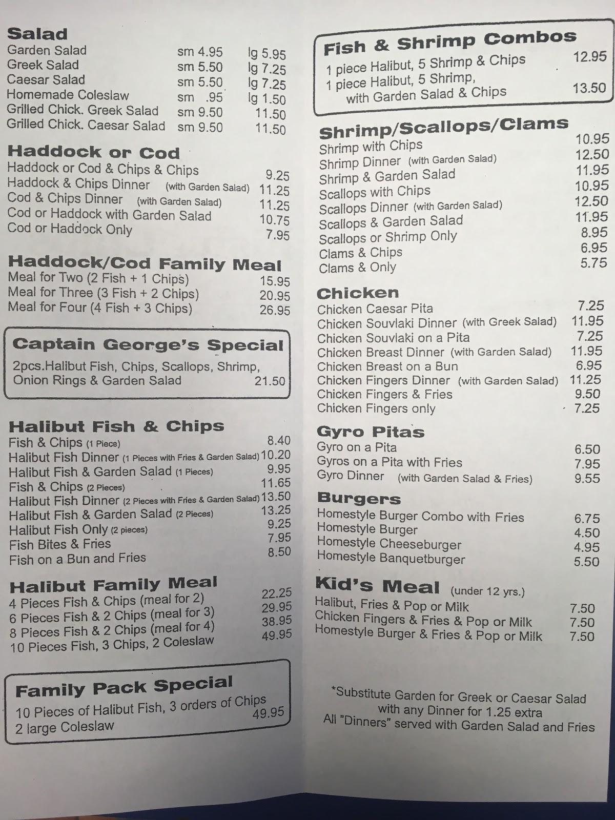 Menu at Captain George's Fish & Chips restaurant, Cobourg