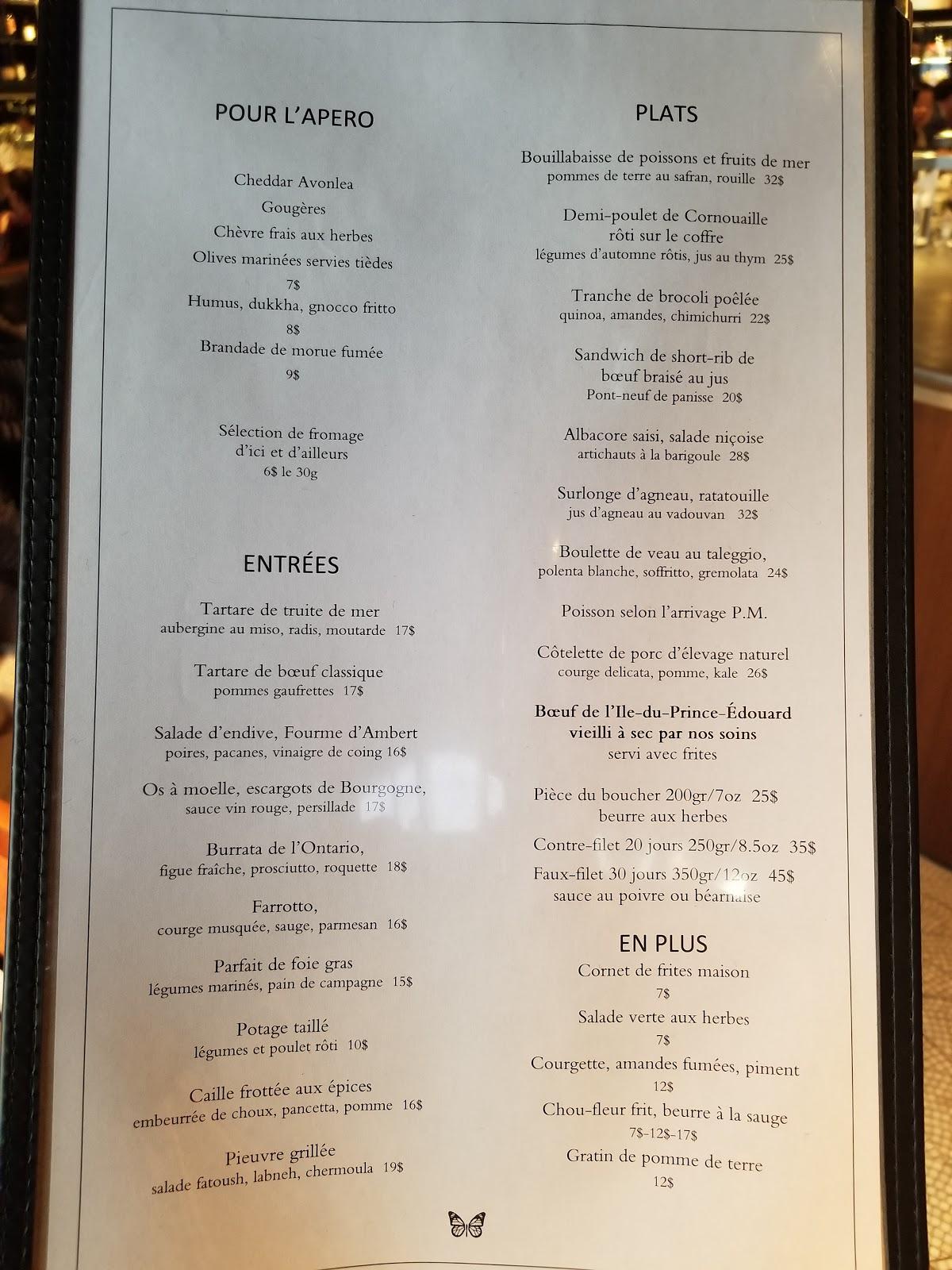 Menu at Monarque restaurant, Montréal
