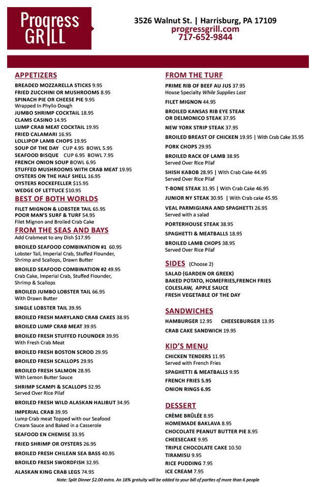 Menu at Progress Grill steakhouse, Harrisburg