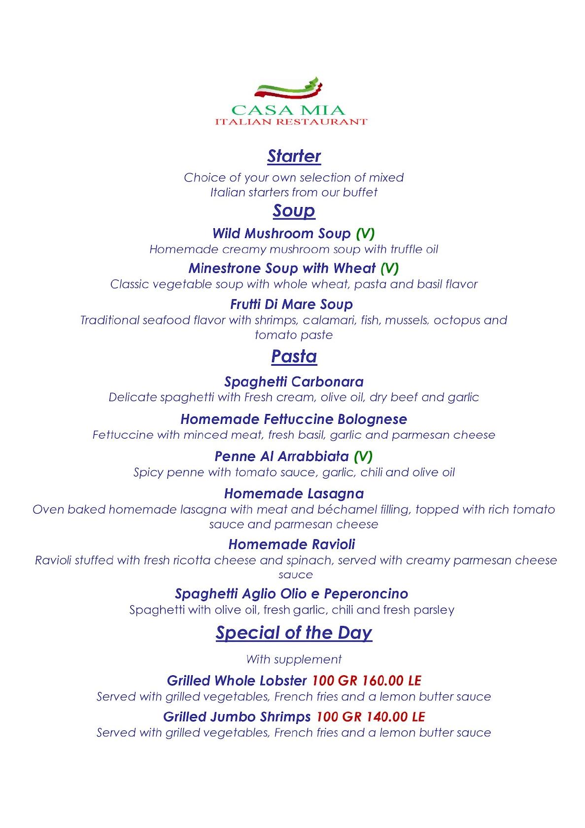 Menu at Casa Mia restaurant, Sharm El-Sheikh