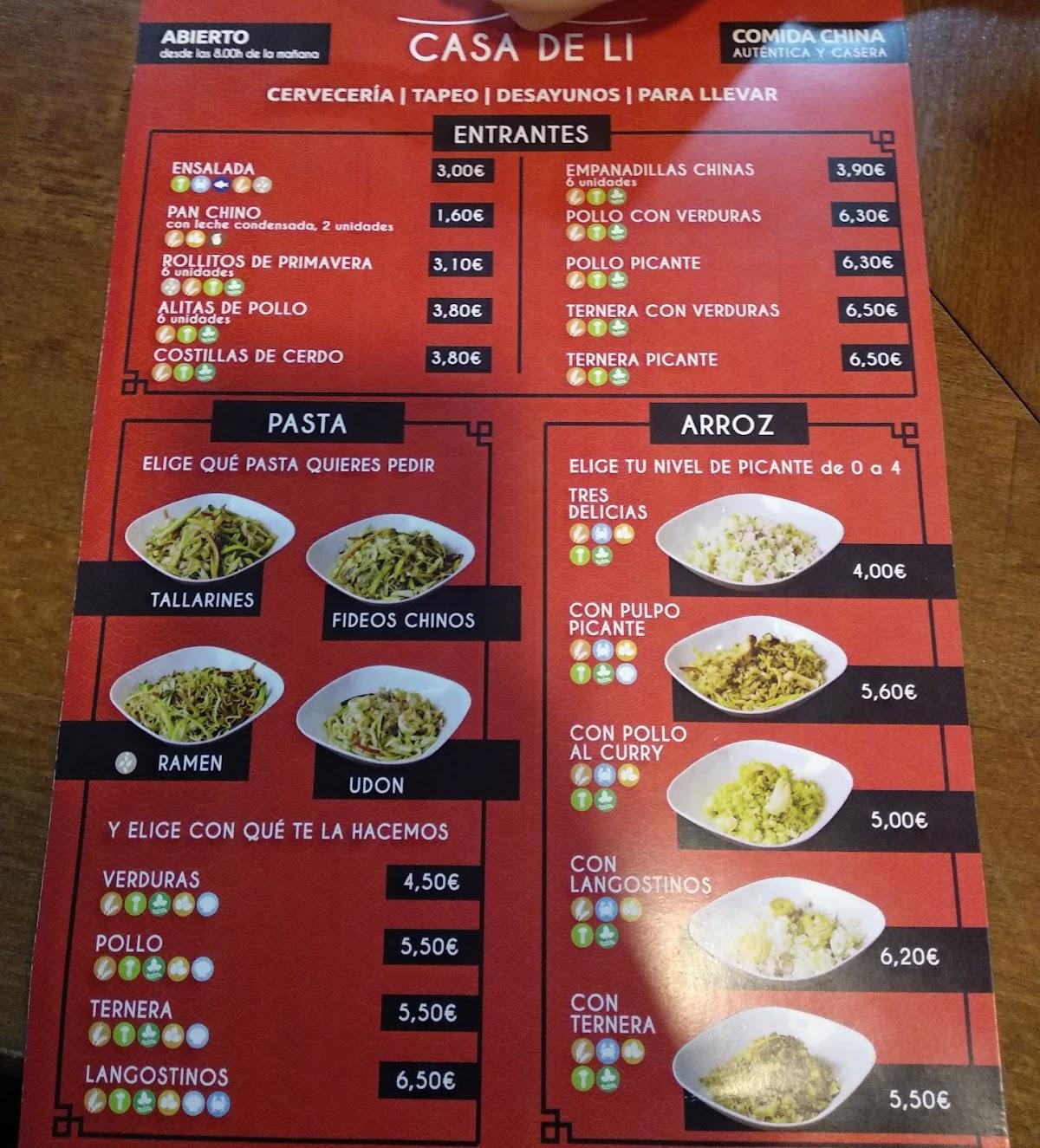 Carta del restaurante Casa del Li, Lucena