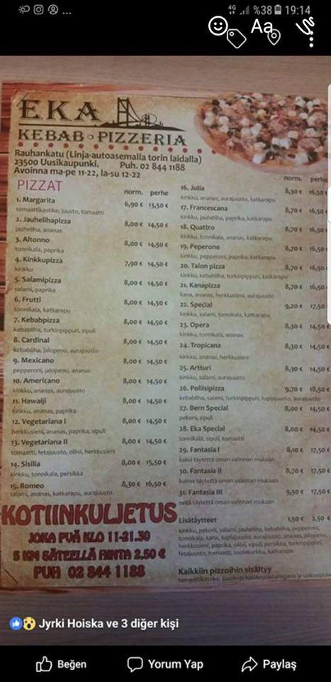 Menu at Eka Kebab Uusikaupunki restaurant, Uusikaupunki