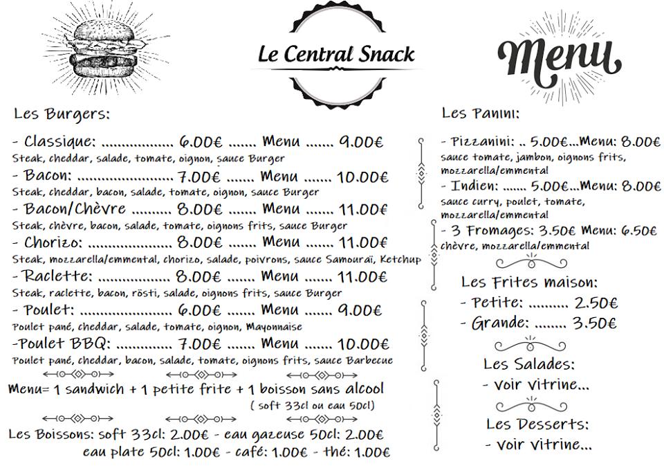 Carta del restaurante Le Central Snack, Tonnay-Charente
