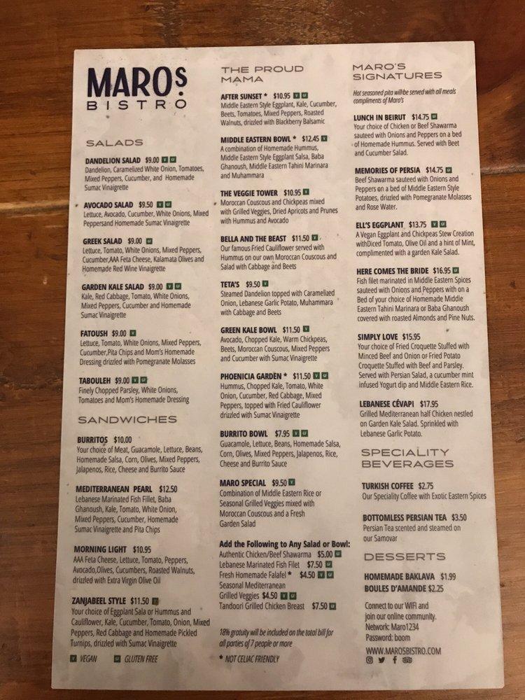 Menu at Maro's restaurant, Oakville