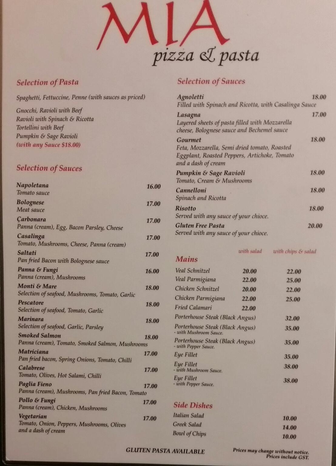 Menu at Mia Pizza & Pasta pizzeria, Balwyn North