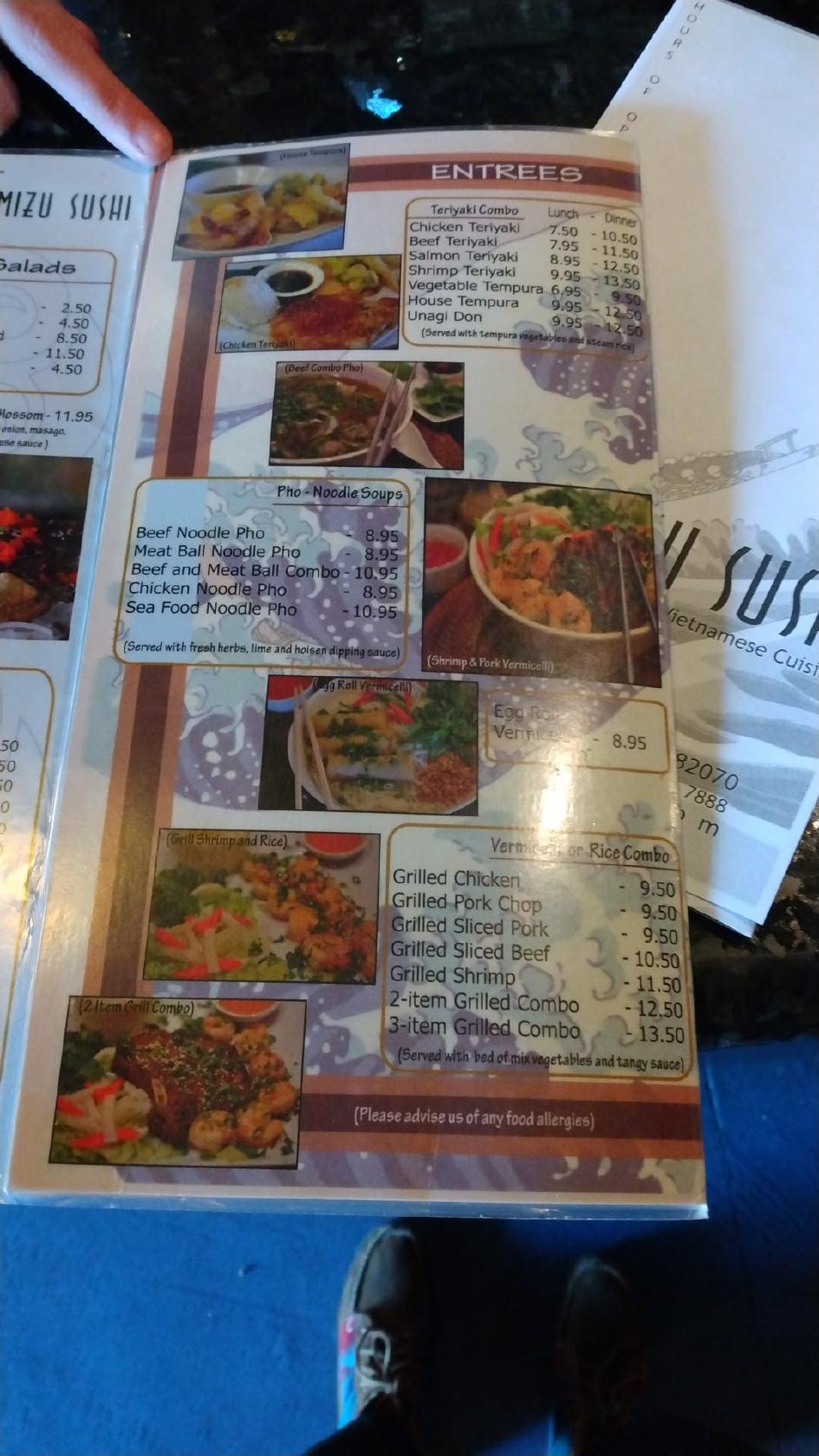 Menu at Mizu Sushi restaurant, Laramie