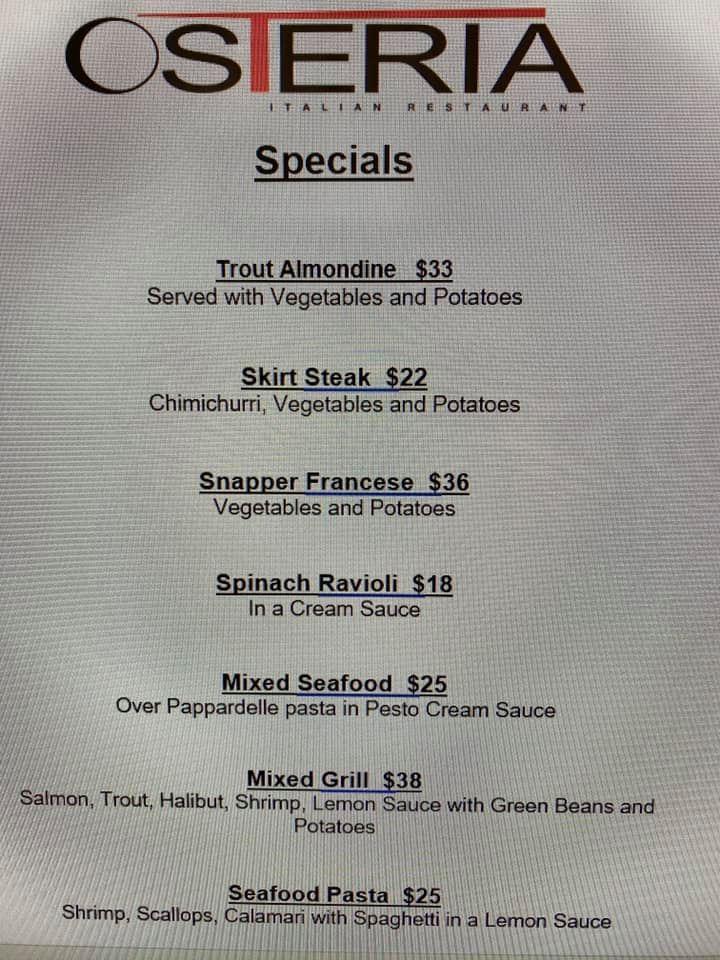 Menu at Osteria restaurant, Greensboro