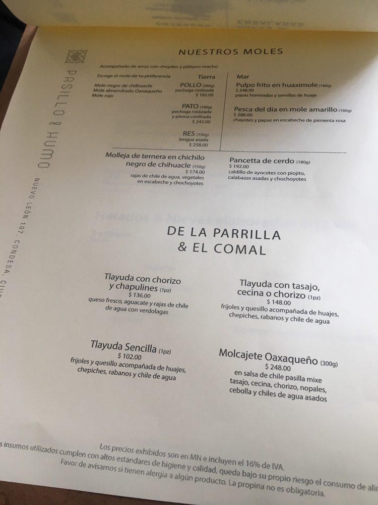 Menu at Pasillo de Humo restaurant, Ciudad López Mateos