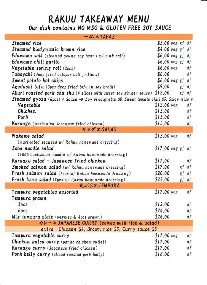 Menu at Rakuu restaurant, Ballina