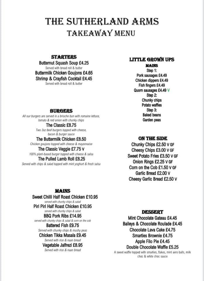 Menu at Sutherland Arms pub & bar, England, Tibberton