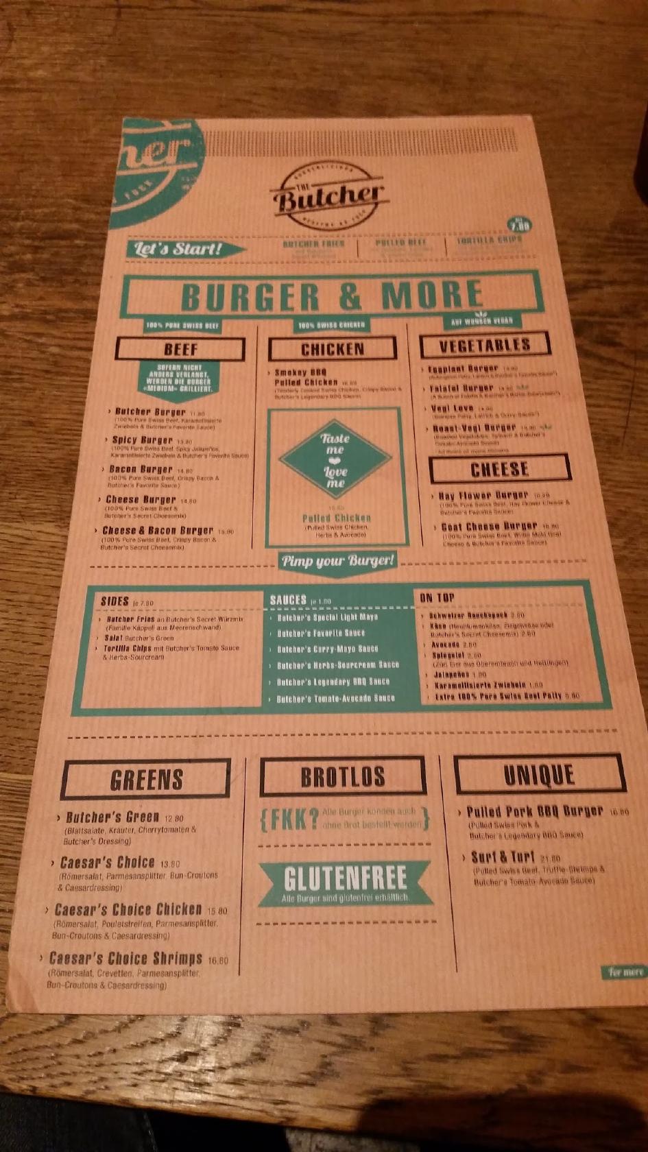 Menu at The Butcher, Zürich, Stüssihofstatt 15