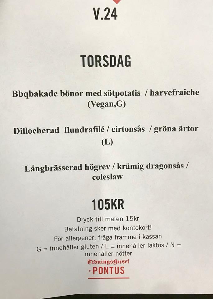 Menu at Tidningshuset by Pontus restaurant, Stockholm