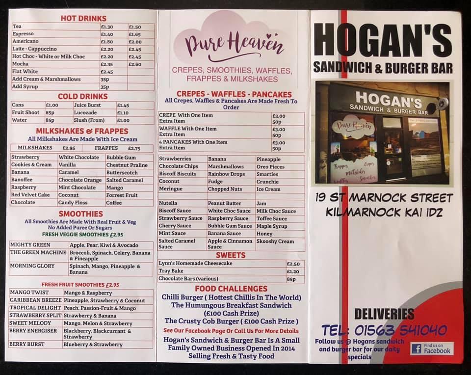 Menu at Hogan's Sandwich And Burger Bar, Kilmarnock