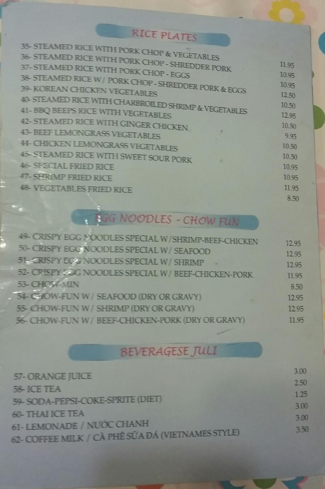 Menu at New Saigon Restaurant, Hilo