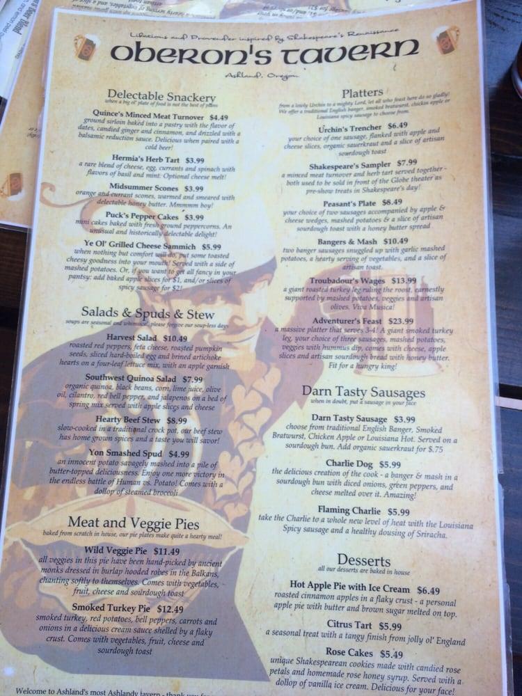 Menu at Oberon's Restaurant & Bar, Ashland