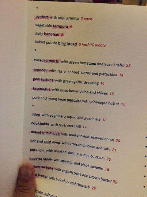 Menu at Parachute restaurant, Chicago