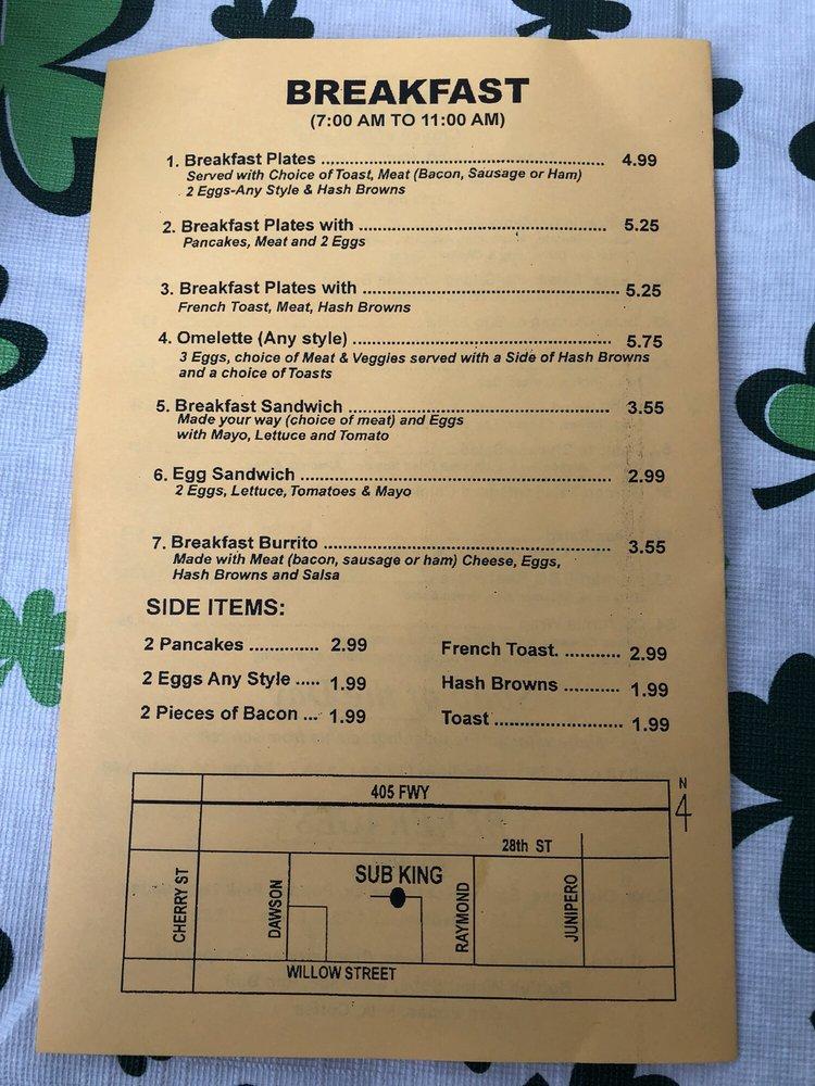 Menu at Sub King restaurant, Signal Hill