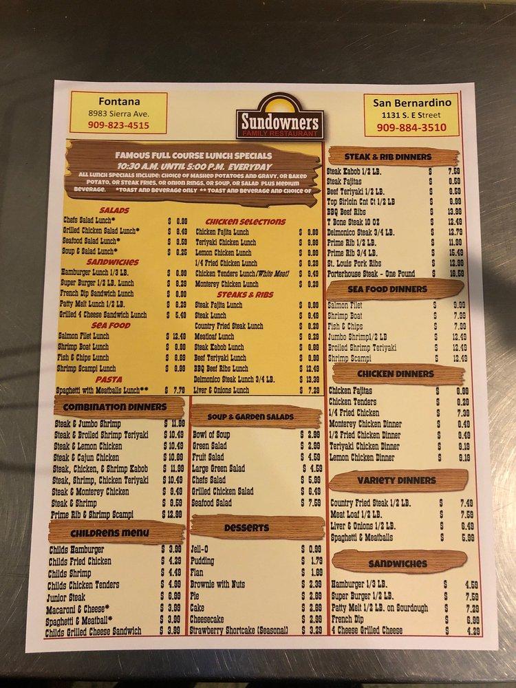Menu at Sundowner's Family Restaurant, Fontana