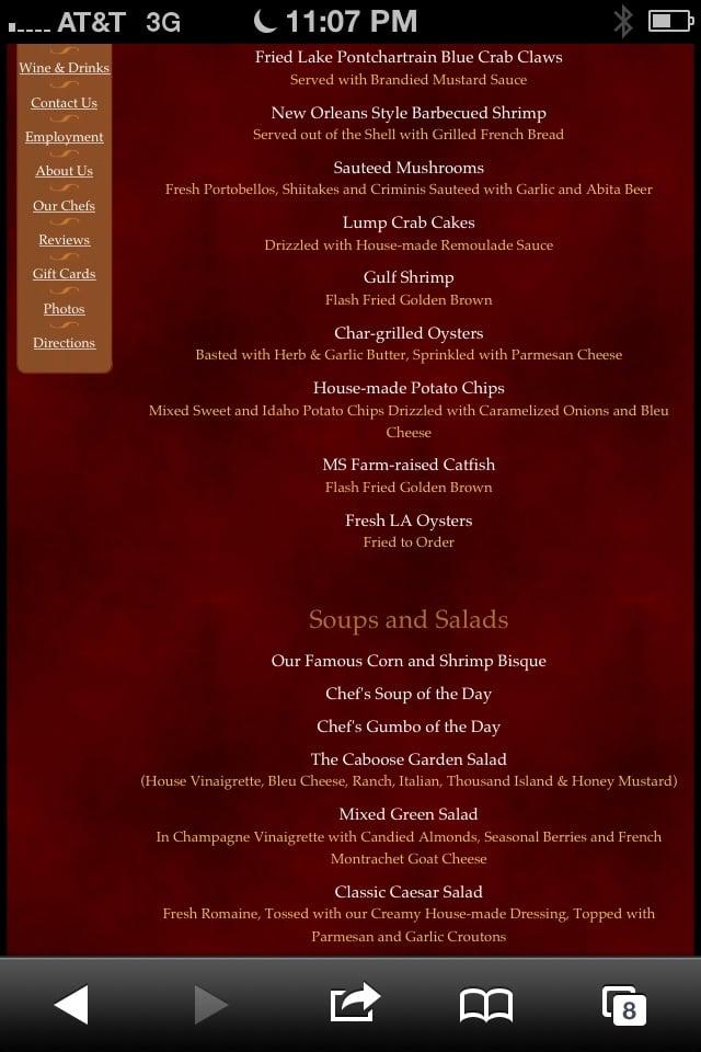 Menu at The Caboose Restaurant, McComb