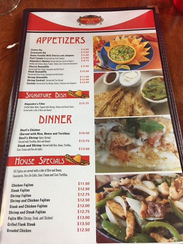 Menu at Alejandro's restaurant, Brooksville