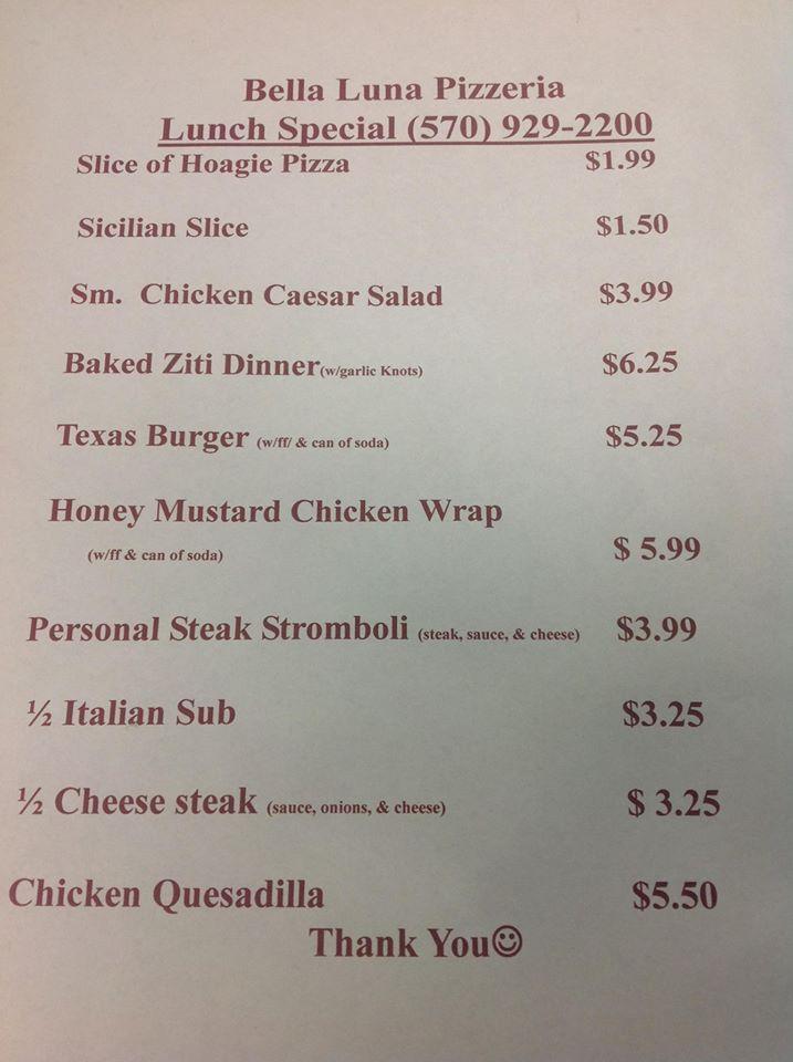 Menu at Bella Luna Italian Restaurant & Pizzeria, McAdoo
