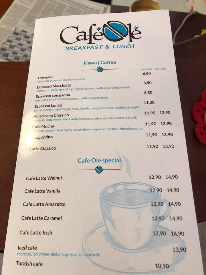 Menu at Café Olé cafe, Kraków