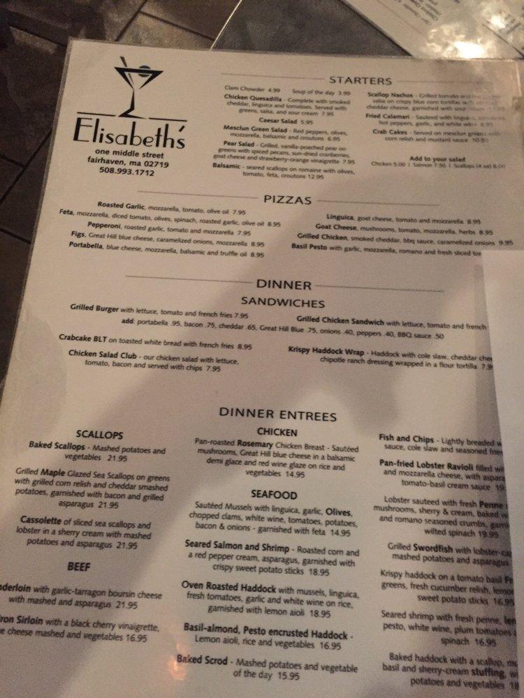 Menu at Elisabeth's restaurant, Fairhaven