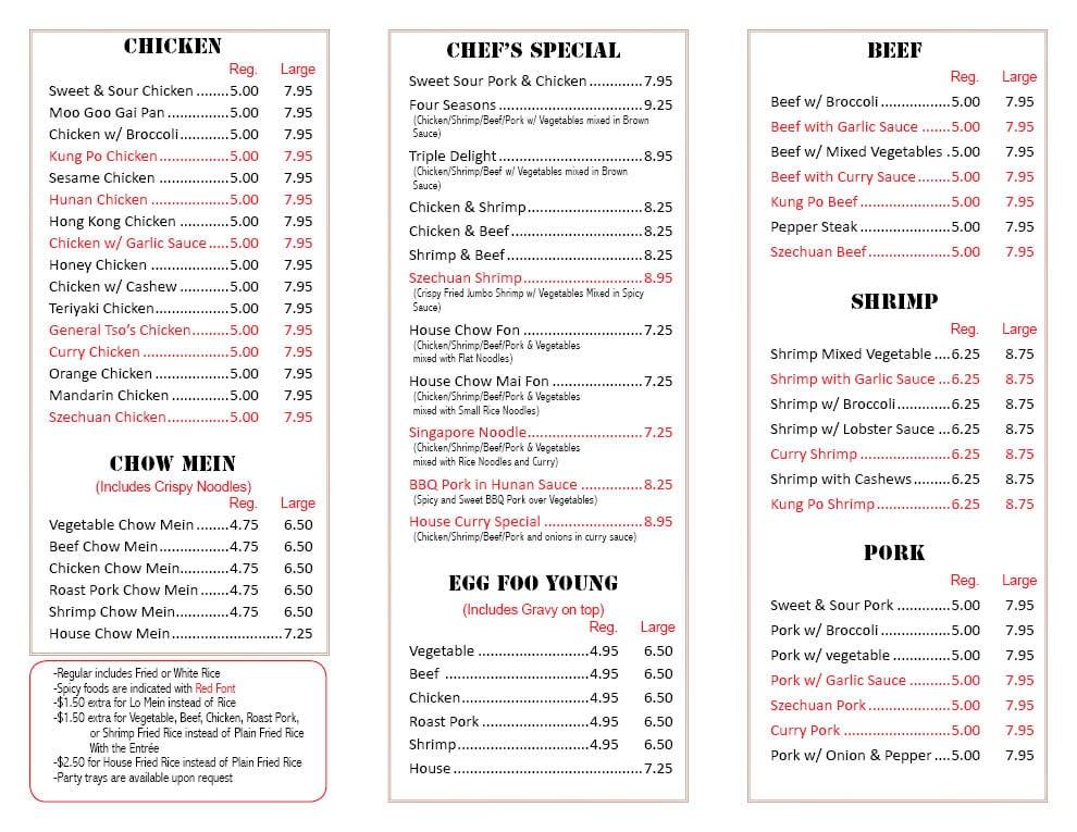Menu at Fong's Chinese Restaurant, Jacksonville