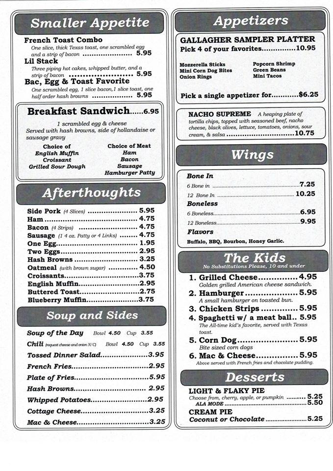 Menu at Gallagher's Game Time Grill restaurant, Miles City