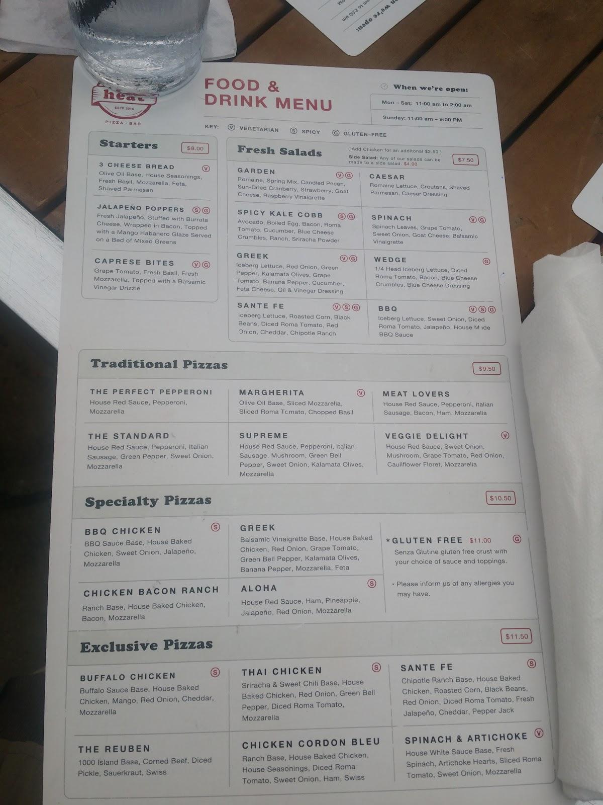 Menu at Heat Pizza Bar, Tuscaloosa, 6th St