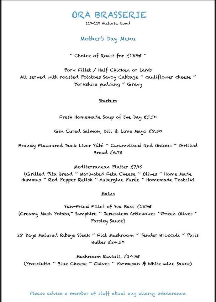 Menu at Ora Brasserie restaurant, Ruislip, 117-119 Victoria Rd