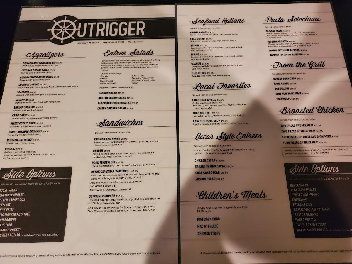 Menu at Outrigger Restaurant & Lounge, Okoboji