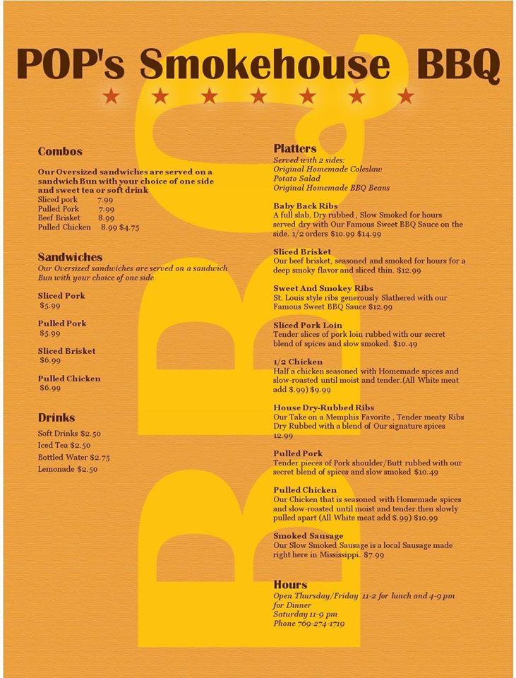 Menu at Pops Smokehouse BBQ, Carthage