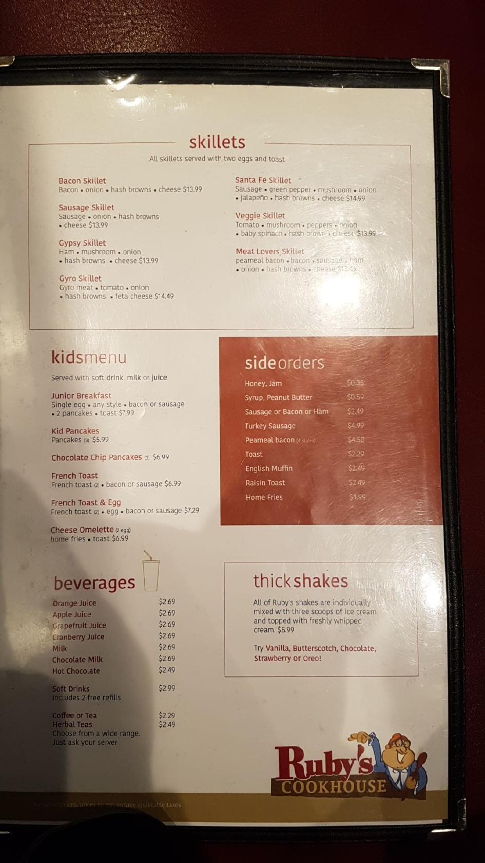 Menu at Ruby's Cookhouse restaurant, Aylmer