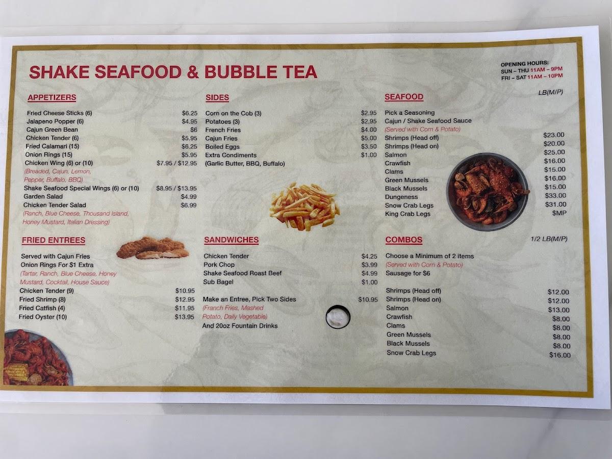 Menu at Shake Seafood/ Bubble Tea restaurant, Auburn