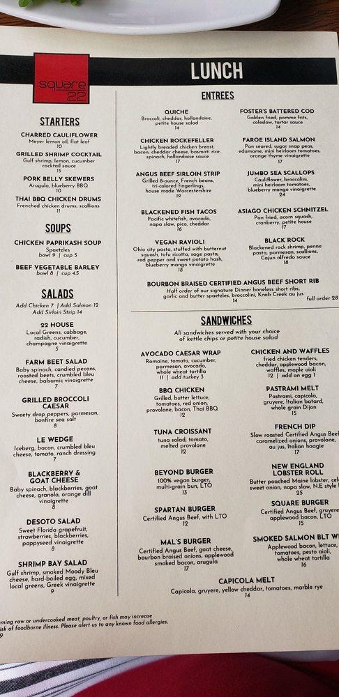 Menu at Square 22 Restaurant and Bar, Strongsville