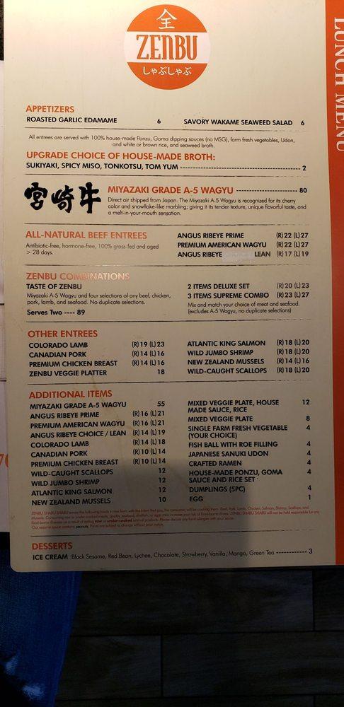 Menu at Zenbu Shabu Shabu restaurant, Cerritos