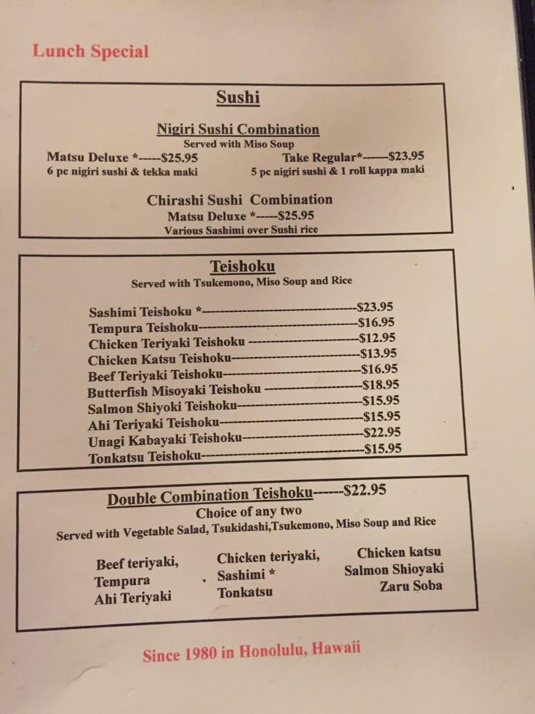 Menu at Akasaka restaurant, Honolulu